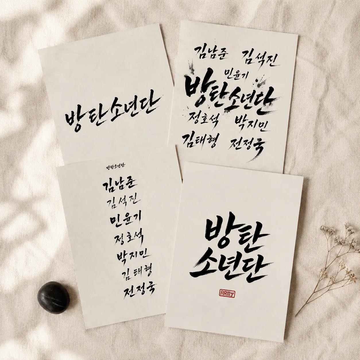 BTS Korean Calligraphy Wall Art Set of 4 | 방탄소년단 Hangul Print | Member ...