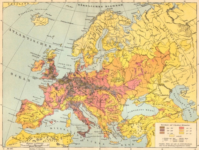 1901 Antique Dated POPULATION DENSITY Map of EUROPE - Etsy