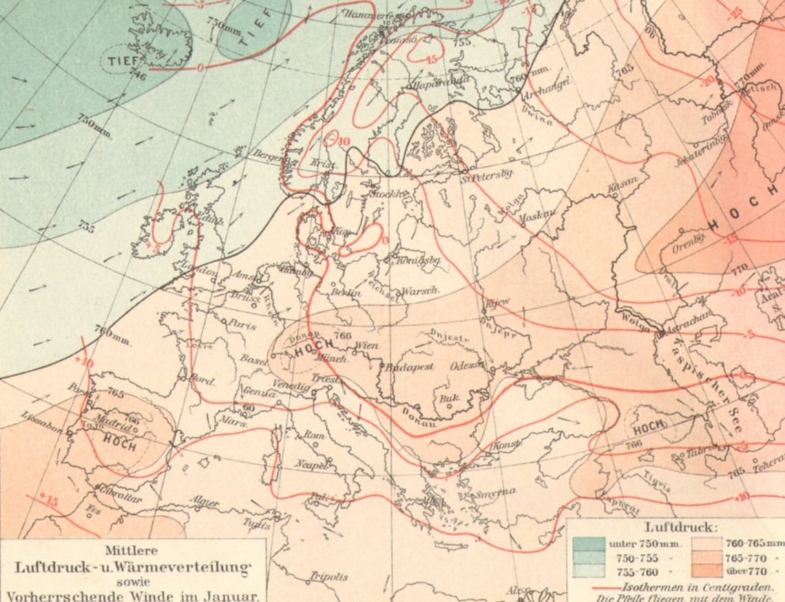 1896 Antique CLIMATE MAP of EUROPE - Etsy