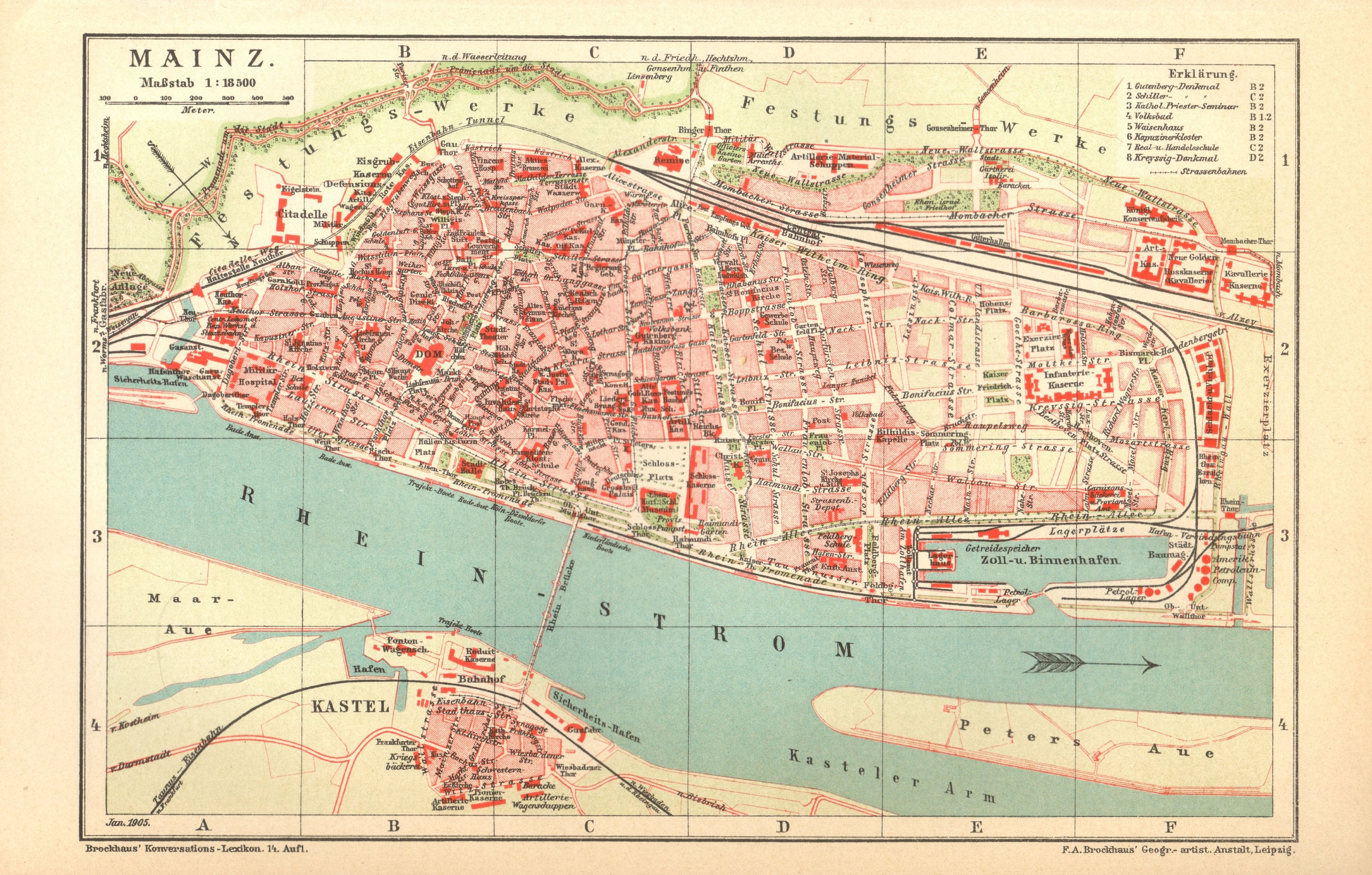 1905 MAINZ Antique Dated City Map GERMAN EMPIRE Germany | Etsy