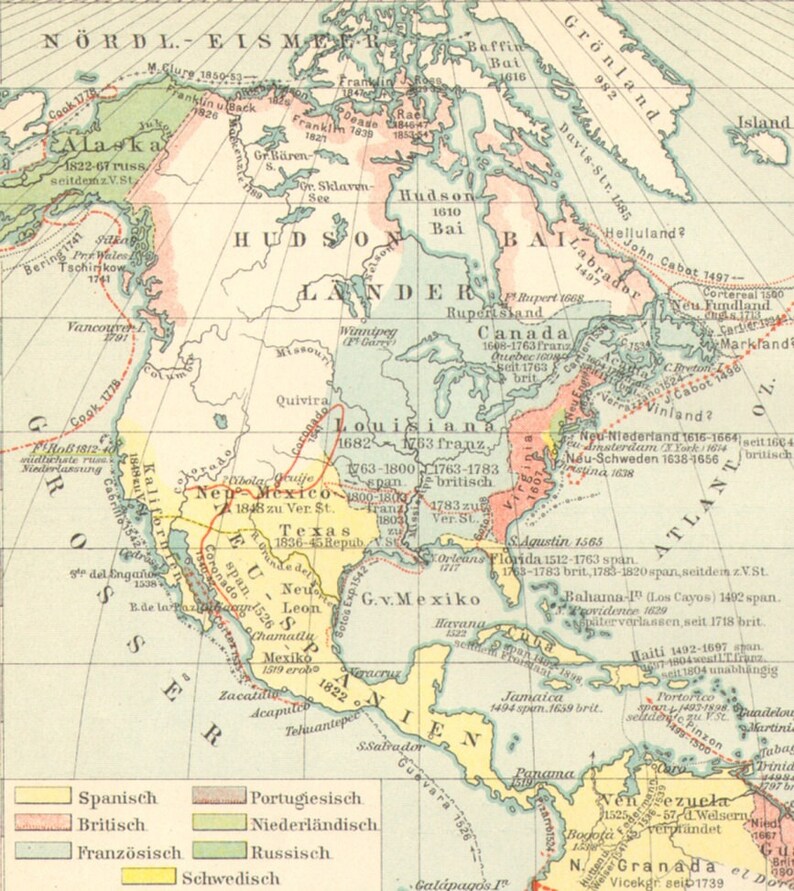 1905 Original Antique Map Showing the History and Colonization | Etsy