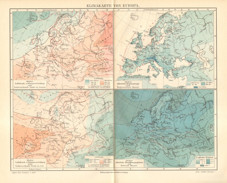 1896 Antique CLIMATE MAP of EUROPE - Etsy