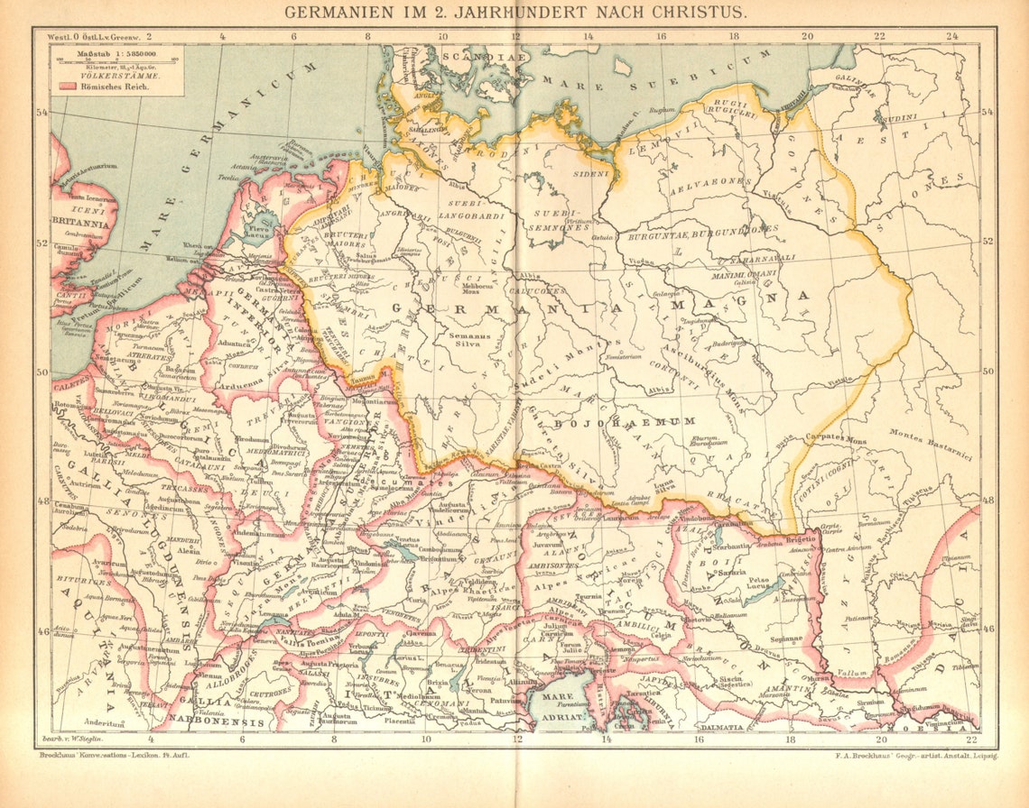1895 MAGNA GERMANIA Antique Map Germany in the 2nd Century - Etsy UK