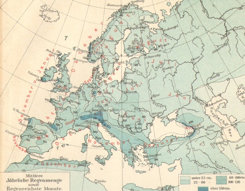 1896 Antique CLIMATE MAP of EUROPE - Etsy