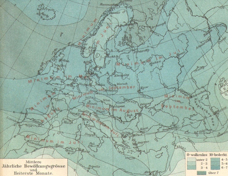 1896 Antique CLIMATE MAP of EUROPE - Etsy