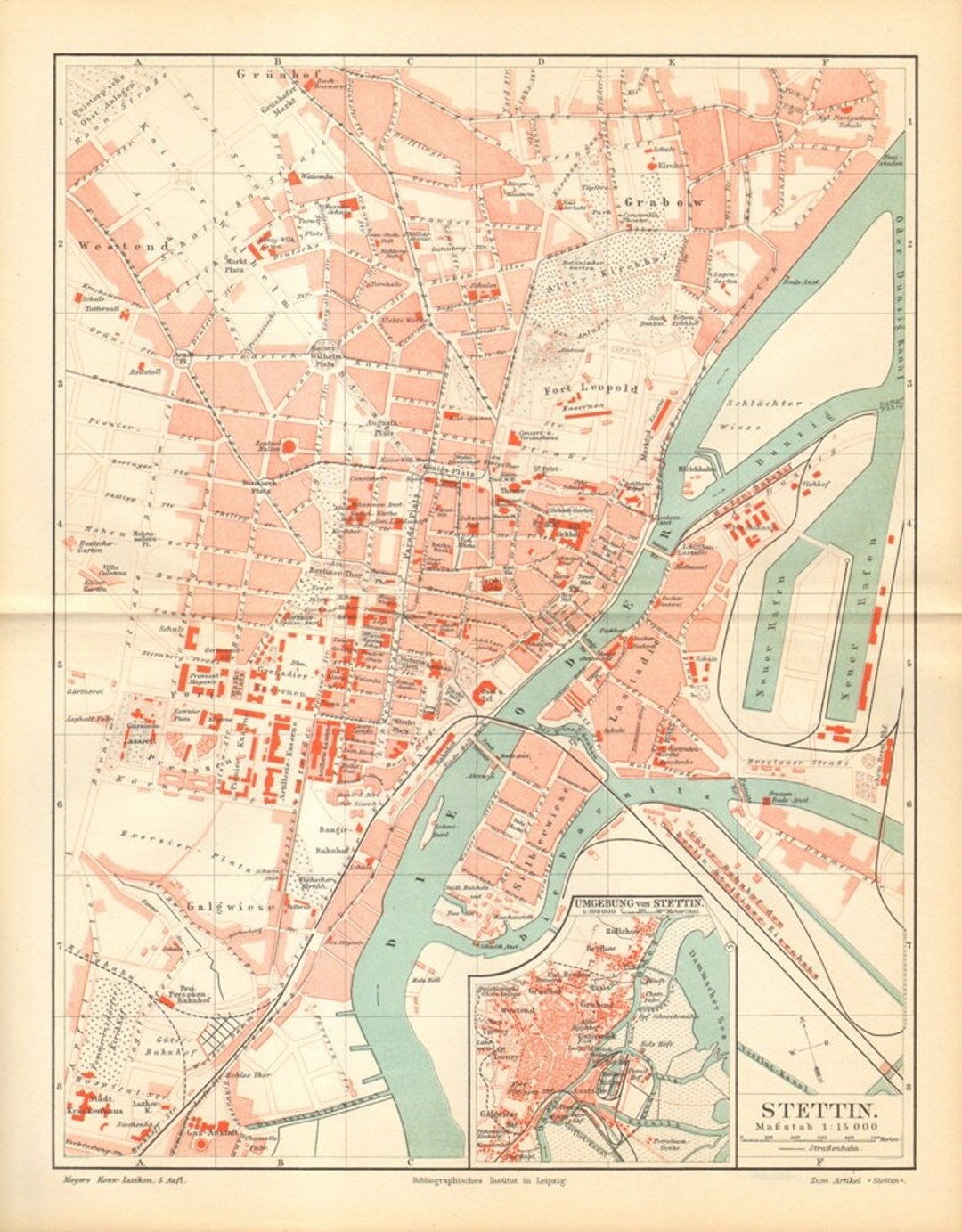 1897 SZCZECIN or STETTIN Antique City Map - Etsy
