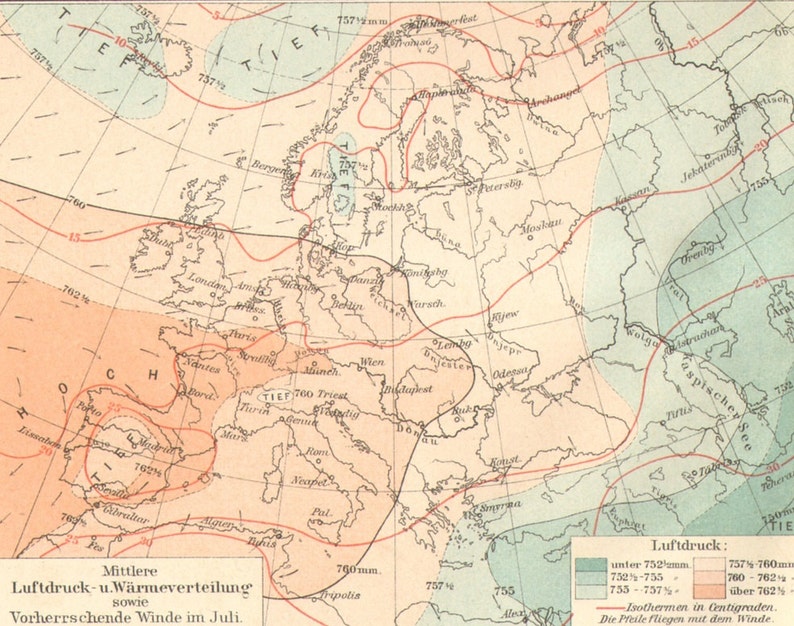 1896 Antique CLIMATE MAP of EUROPE - Etsy