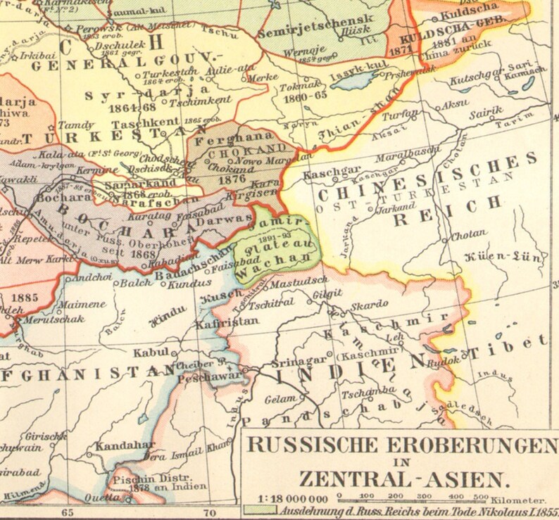 1897 Antique Map of Russian Conquests in Central Asia | Etsy