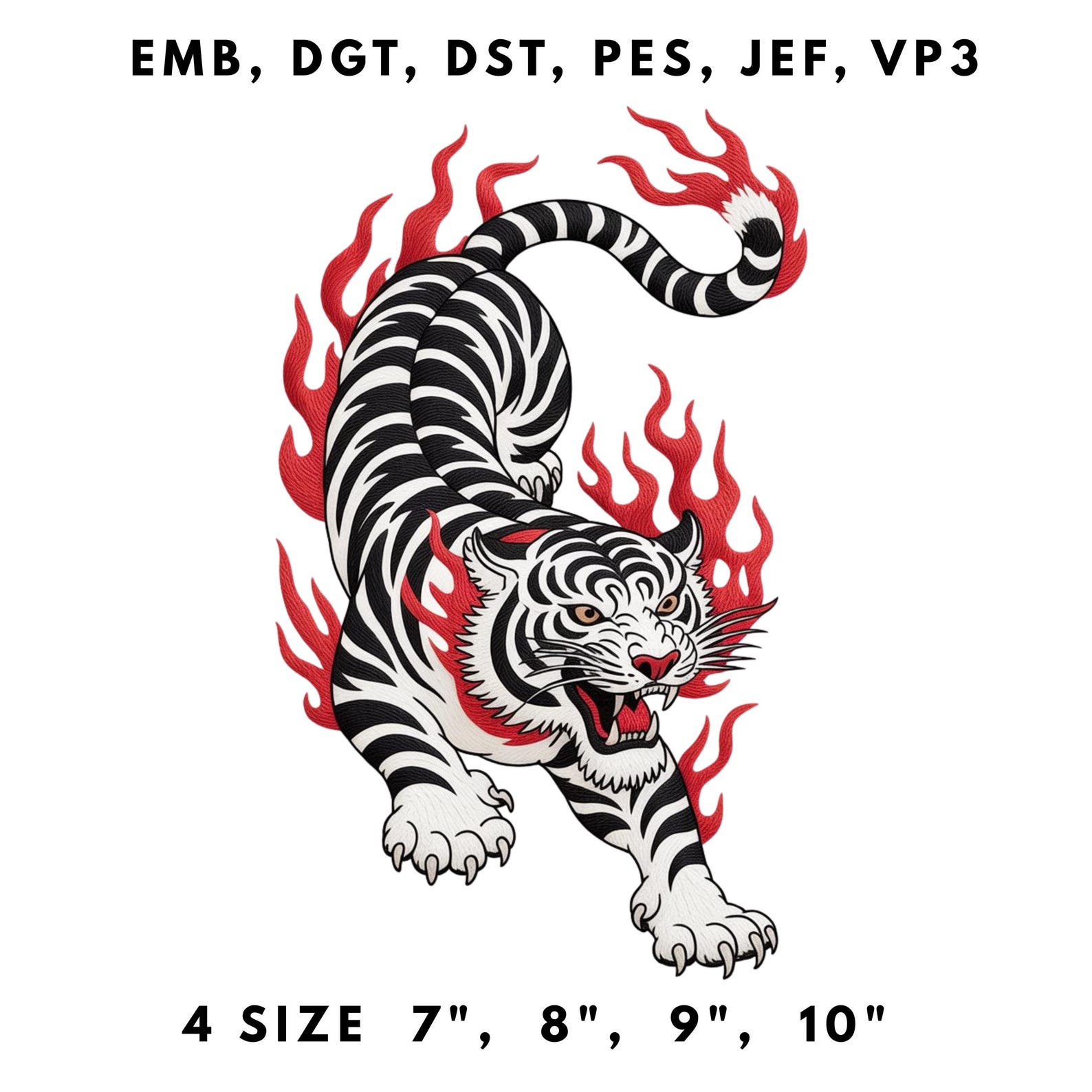 Spiral Tiger Embroidery File Black and White Tiger With Red Flames ...