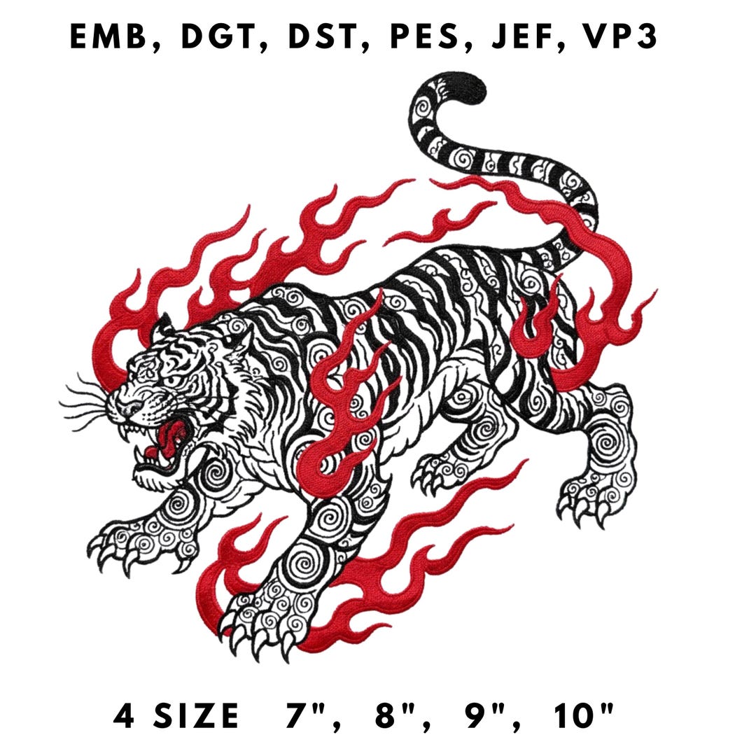 Spiral Tiger Embroidery File Bold Japanese Tiger With Red Flames and ...
