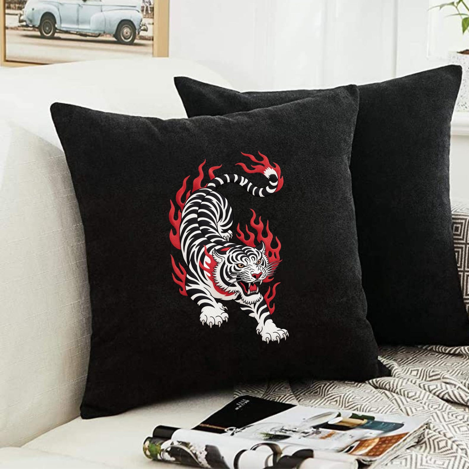 Spiral Tiger Embroidery File Black and White Tiger With Red Flames ...