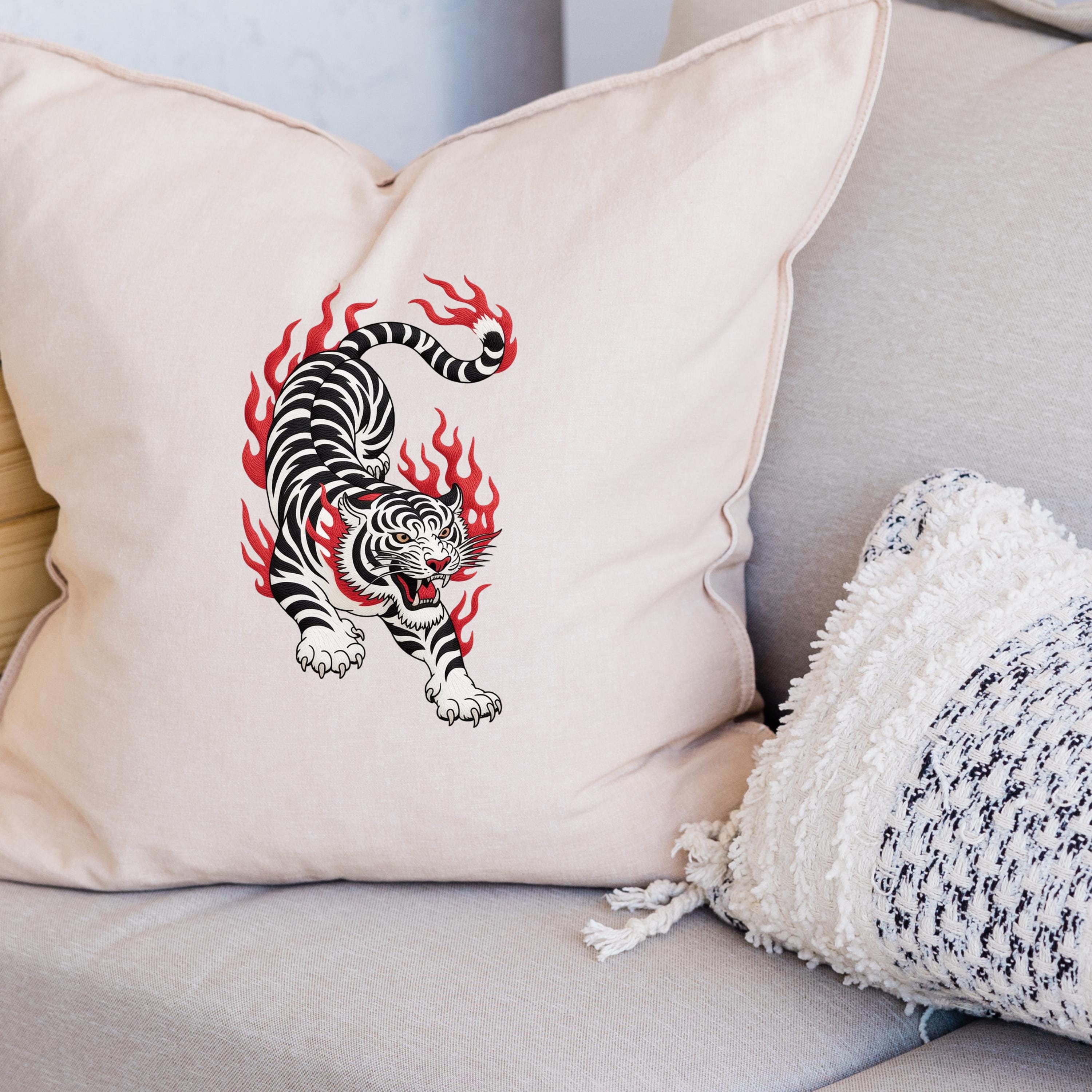 Spiral Tiger Embroidery File Black and White Tiger With Red Flames ...