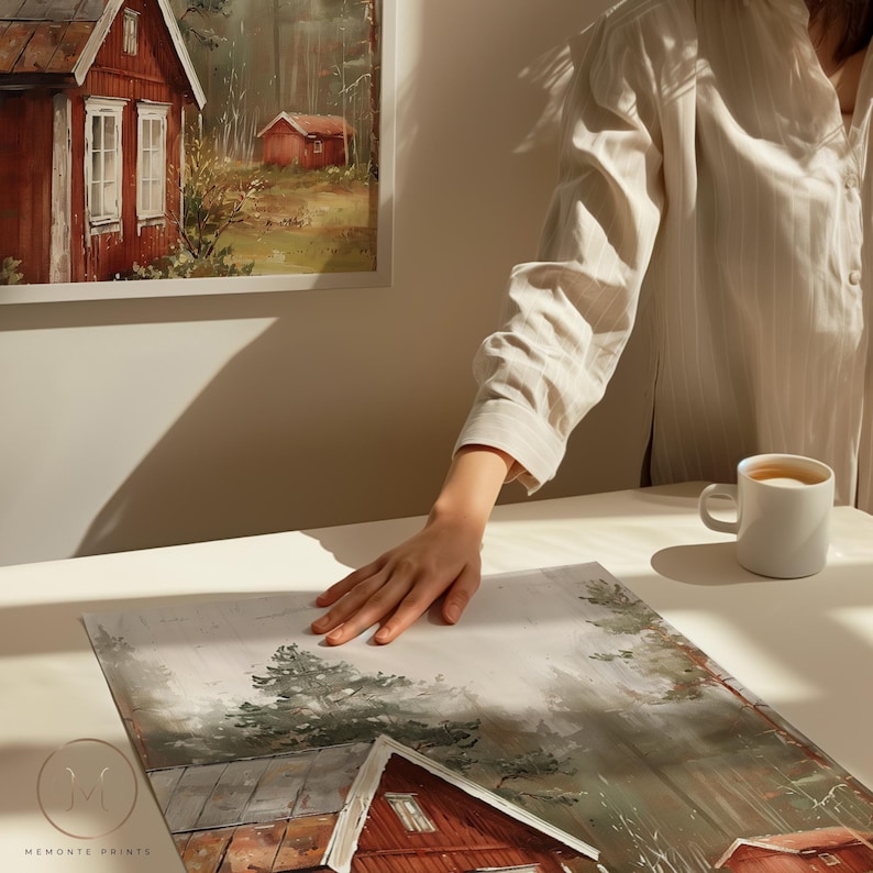 Vintage Swedish Oil Painting, Red Cottage Print, Nordic Farmhouse Wall ...
