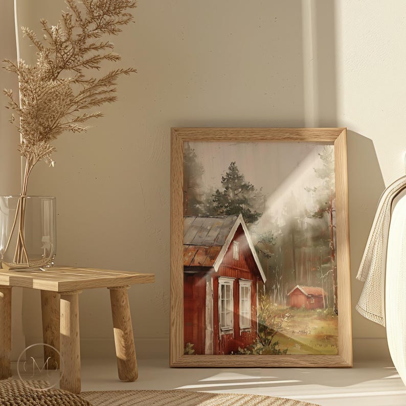 Vintage Swedish Oil Painting, Red Cottage Print, Nordic Farmhouse Wall ...