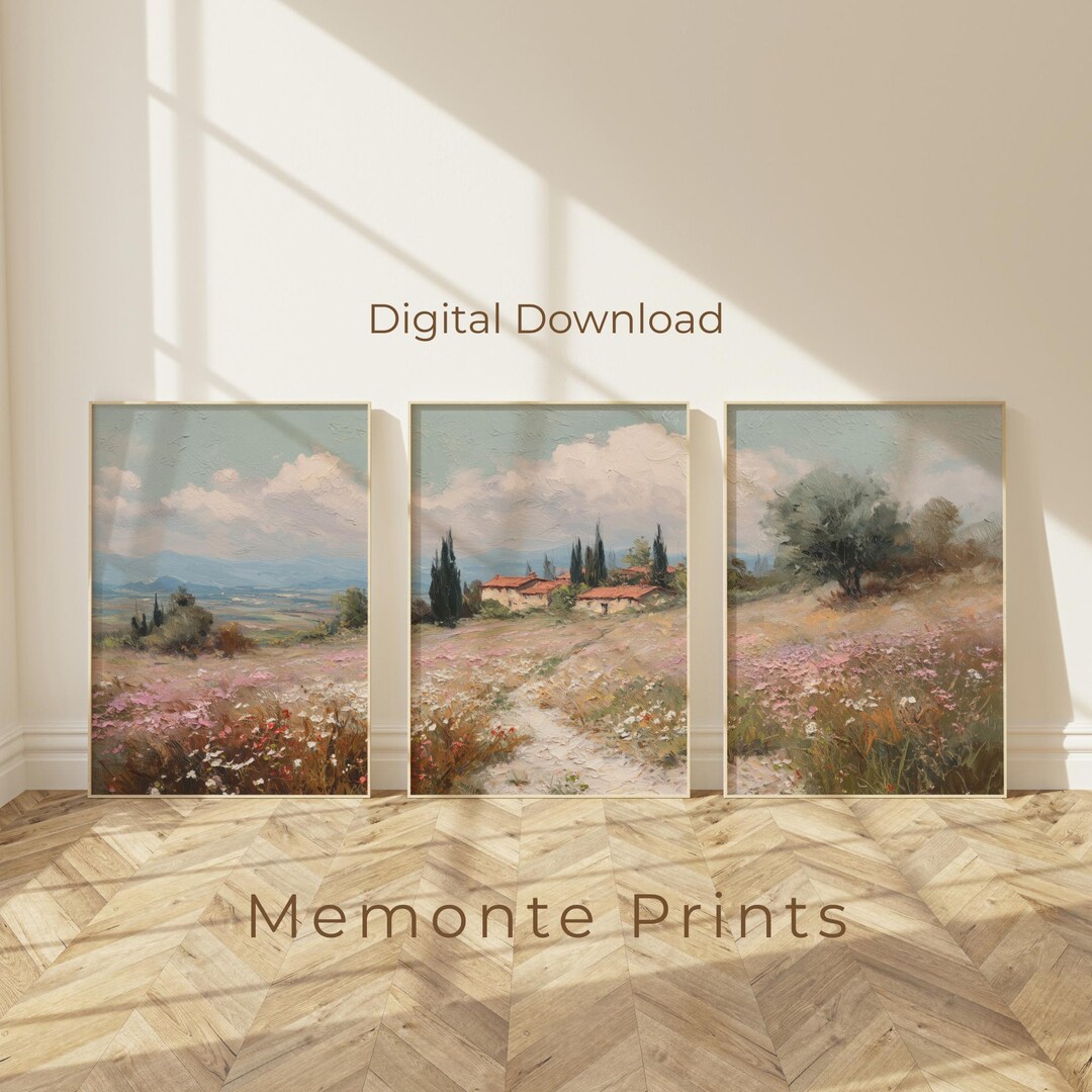 Tuscan Flower Field Triptych, Set of 3 Landscape Prints (digital ...