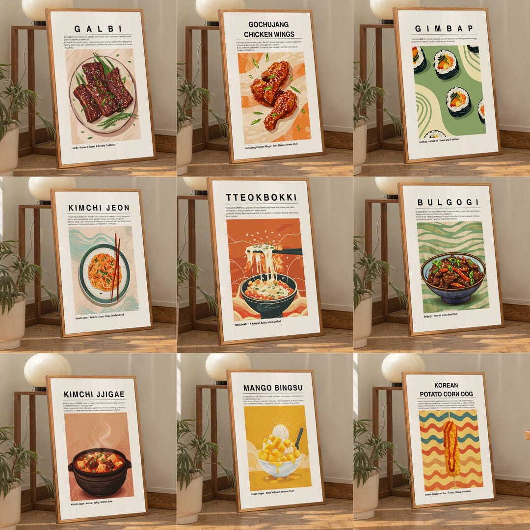 Korean Food Poster Bundle Set of 9, Kimchi Jjigae, Kimchi Jeon, Galbi ...