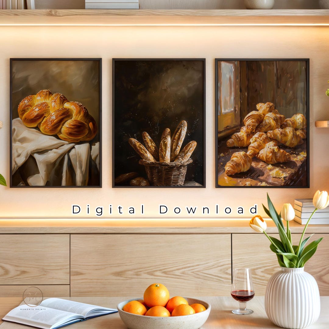 Vintage Bakery Wall Art Set of 3, Rustic Bread Bundle, Croissant ...