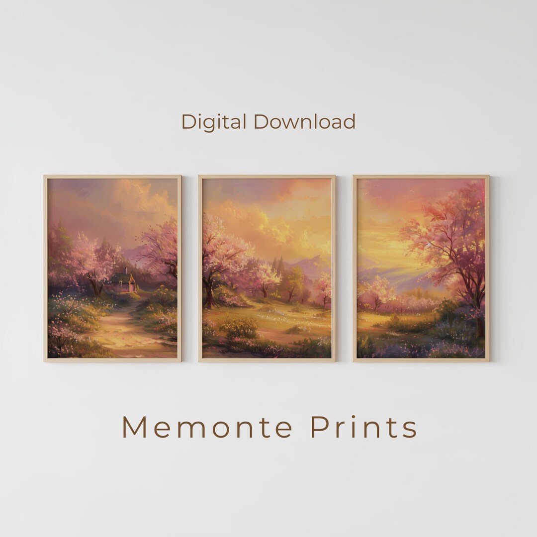Spring Village Landscape Triptych, Set of 3 Cherry Blossom Wall Art ...