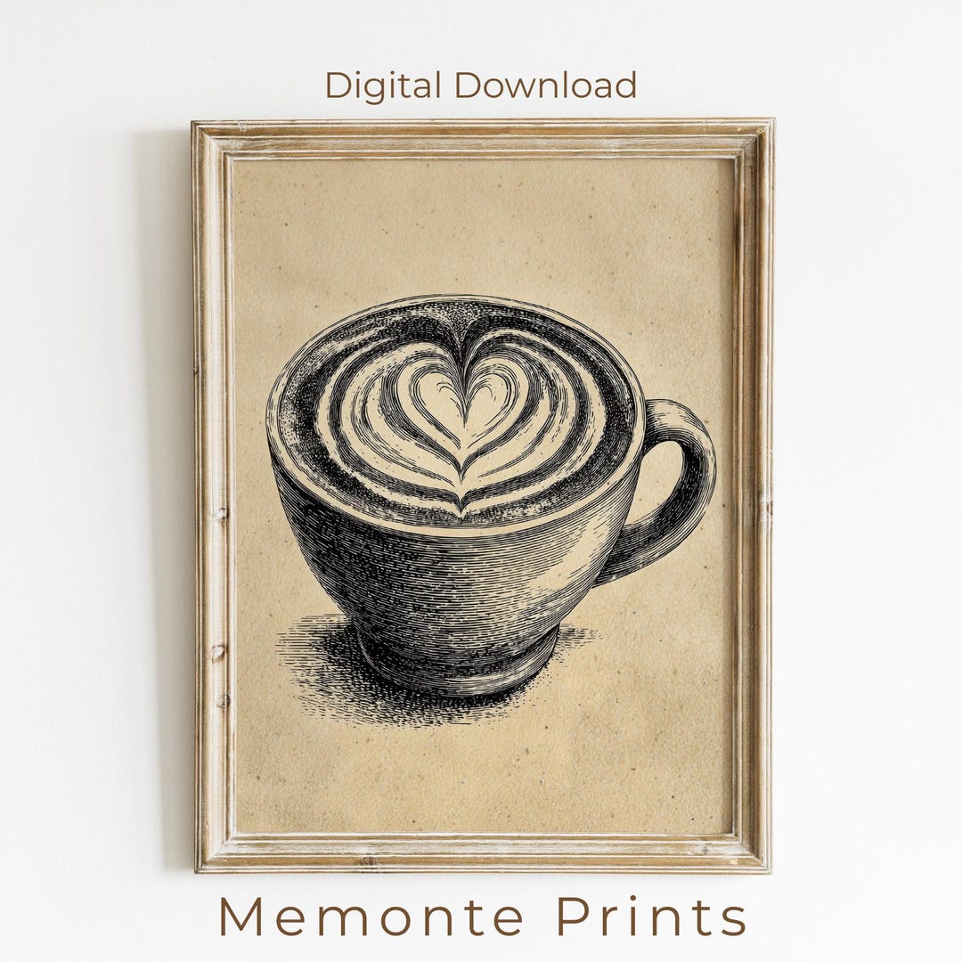 Vintage Latte Art Sketch Print, Coffee Cup Etching, Pen and Ink Drawing ...