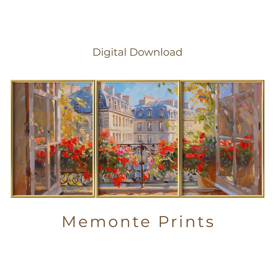 Paris Window View Triptych Oil Painting, Set of 3 French Balcony Flower ...