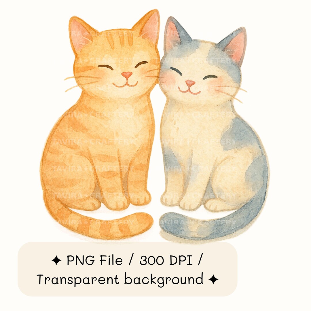 Watercolor Cats Clipart – Kawaii Kitty Pair PNG, Cute Cat Illustration ...
