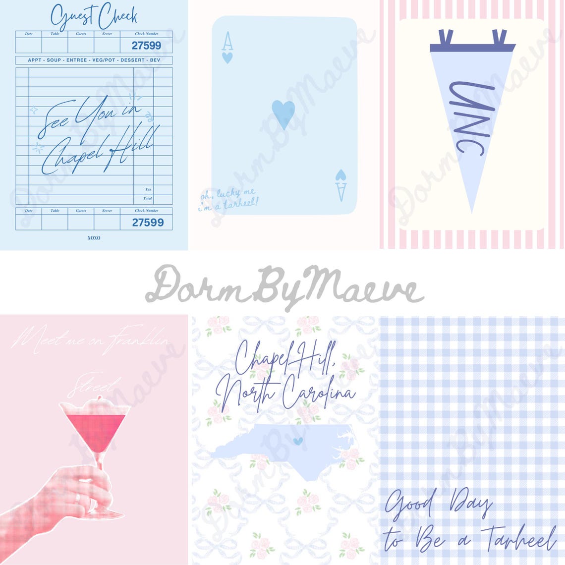 UNC Dorm Prints - Blue and Pink Theme, University of North Carolina ...