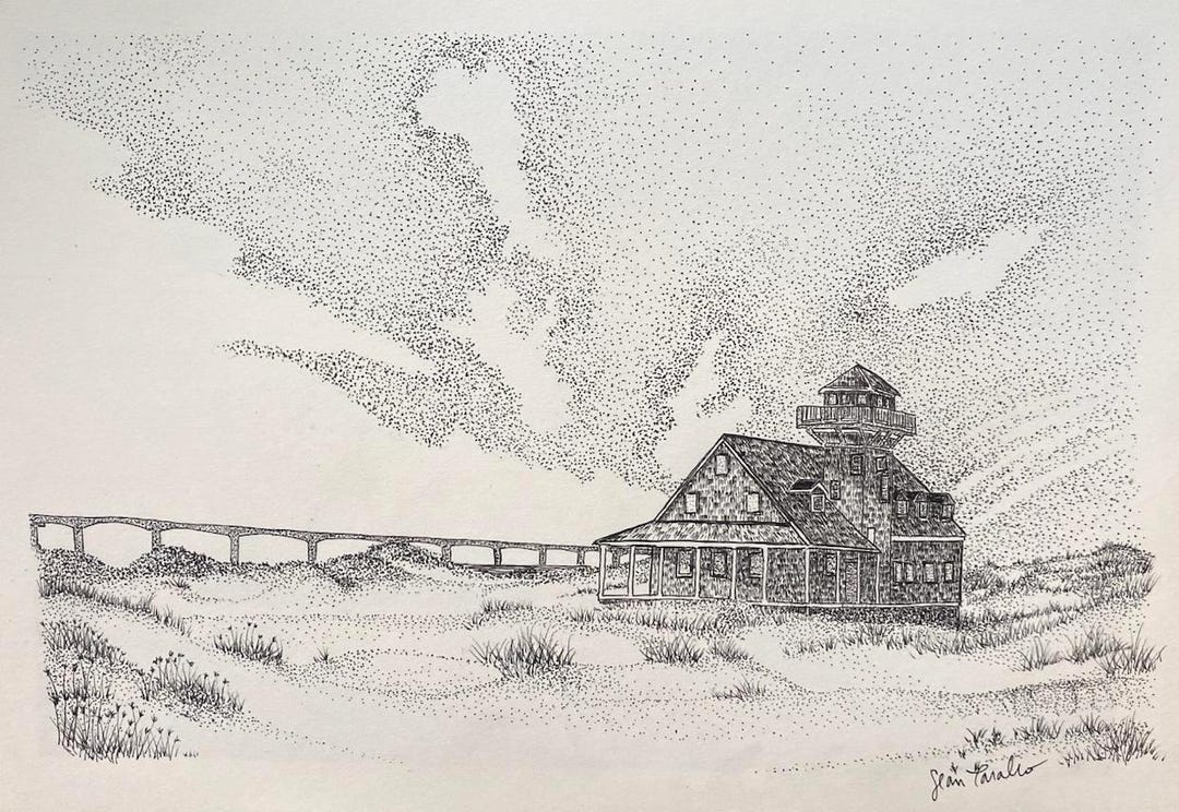 Pen & Ink Sketch - Oregon Inlet Life Saving Station - Matted and Framed ...