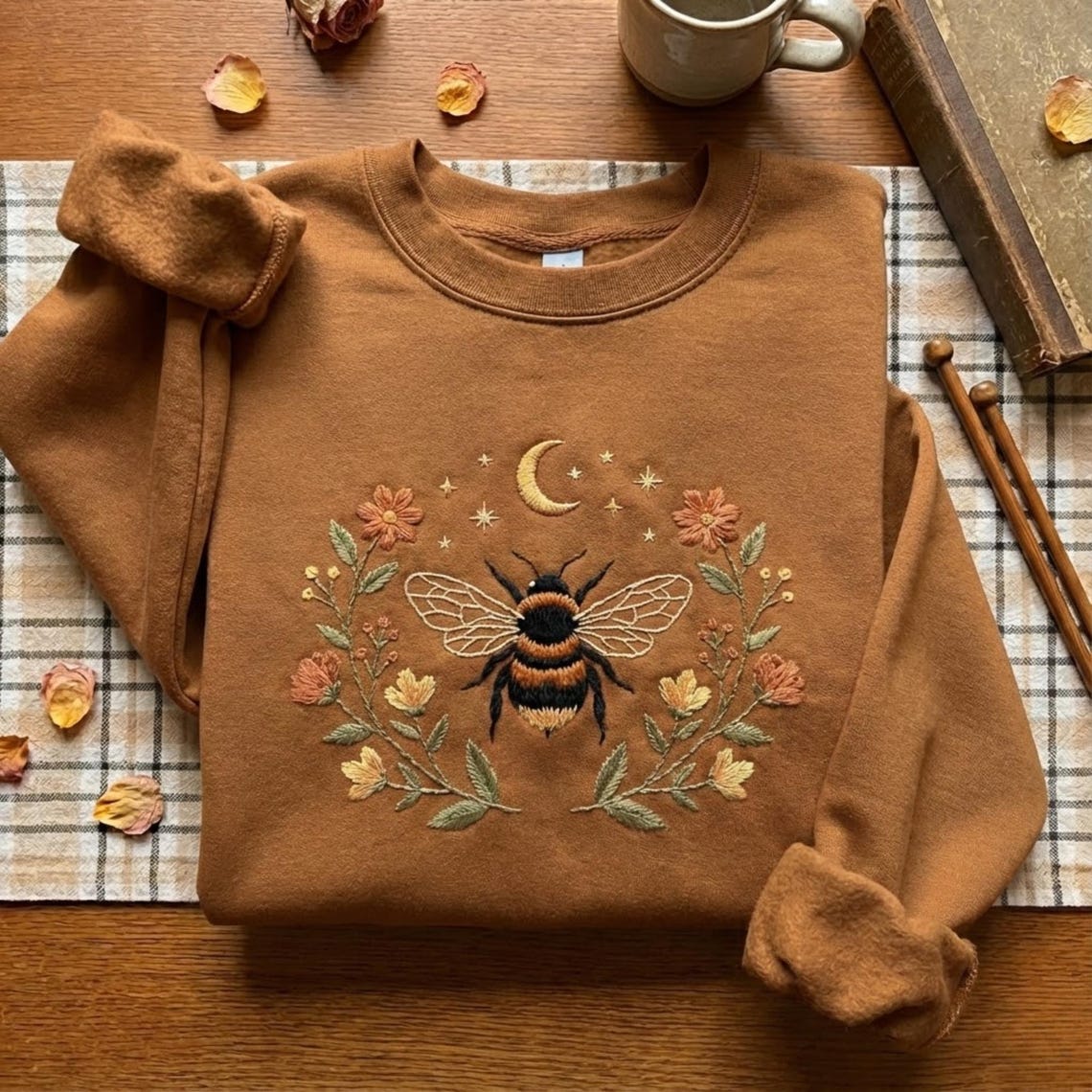 Cottagecore Bee Embroidered Sweatshirt Lunar Floral Woodland Cozy Green ...