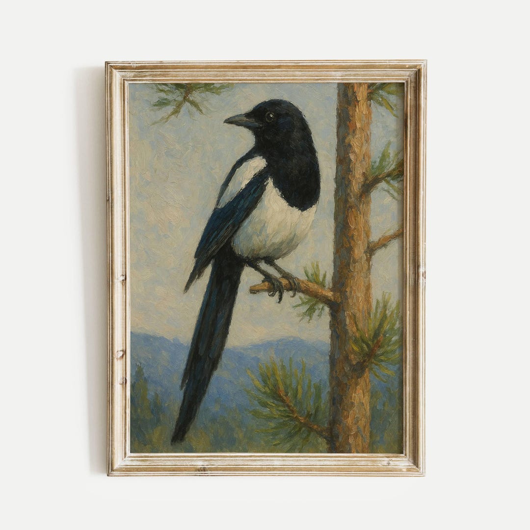 Black-billed Magpie on Pine Branch, Songbird Oil Painting, Vintage Bird ...