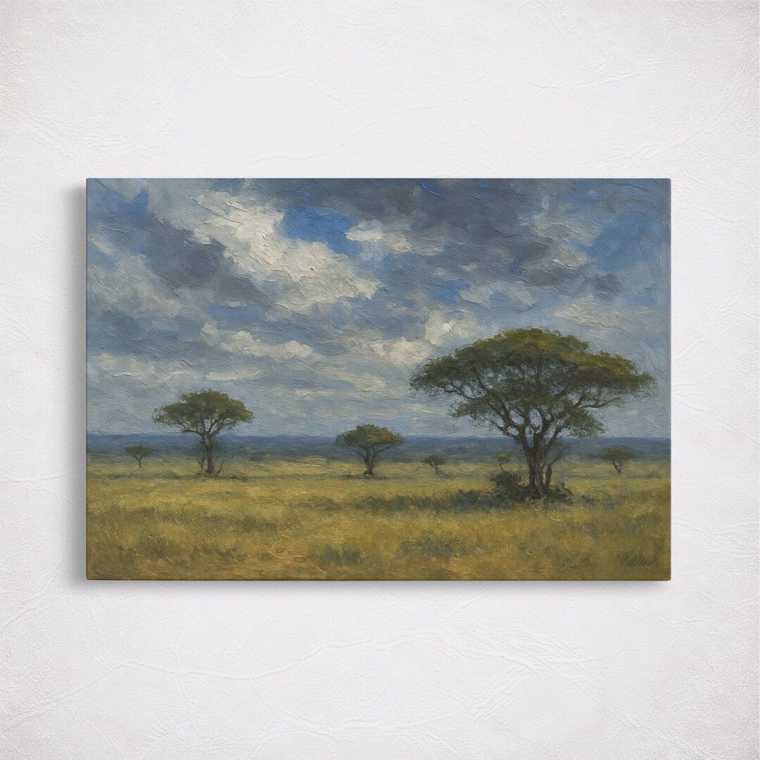 Wide Savanna With Scattered Trees Oil Style Paint on Matte Stretched ...