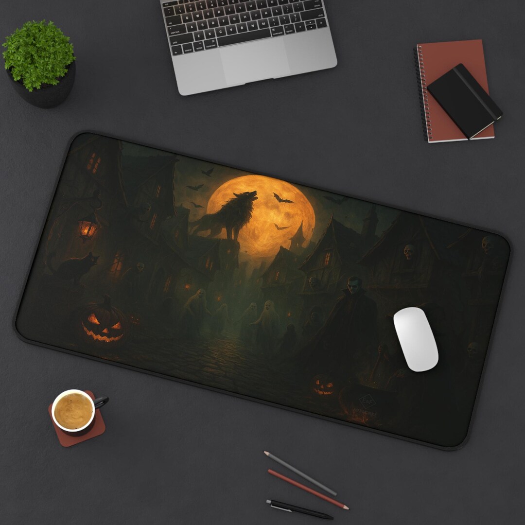 Haunted Village Desk Mat: Spooky Halloween Decor, Black Cat & Moon - Etsy
