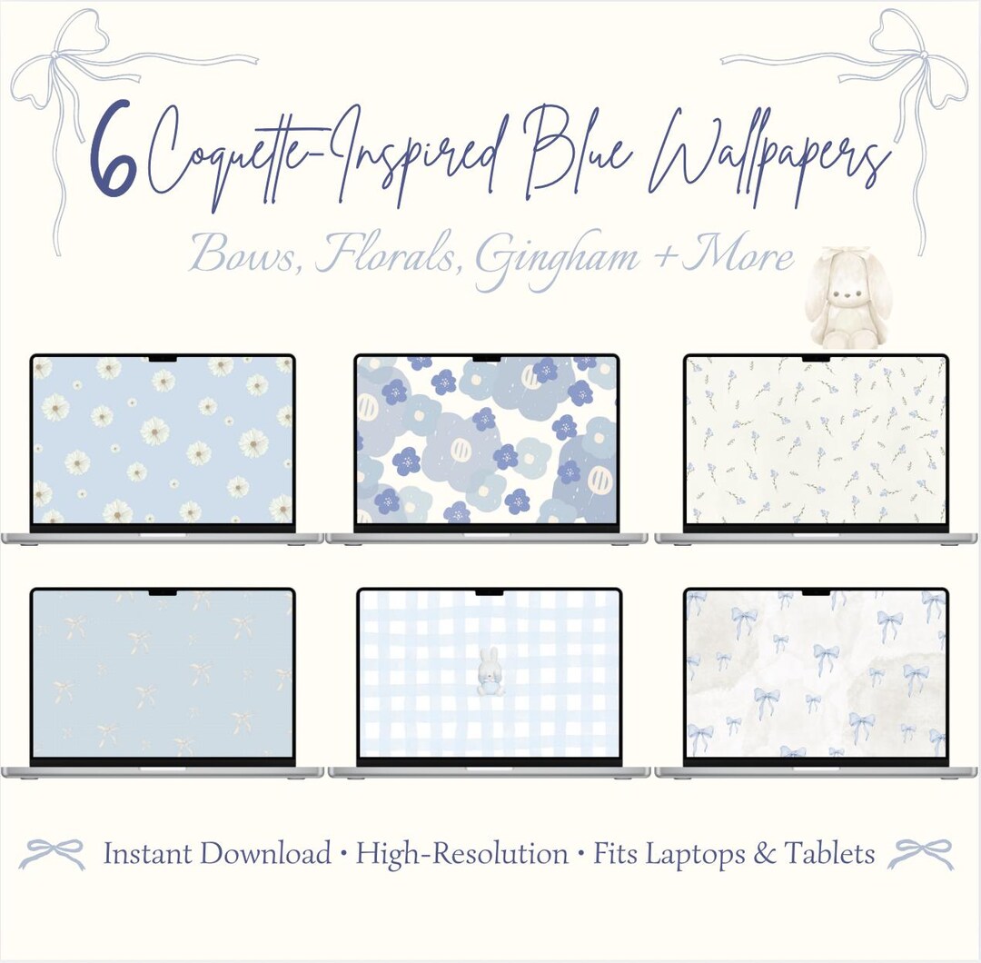 Blue Coquette Desktop Wallpaper Bundle: Floral, Minimalist (digital ...