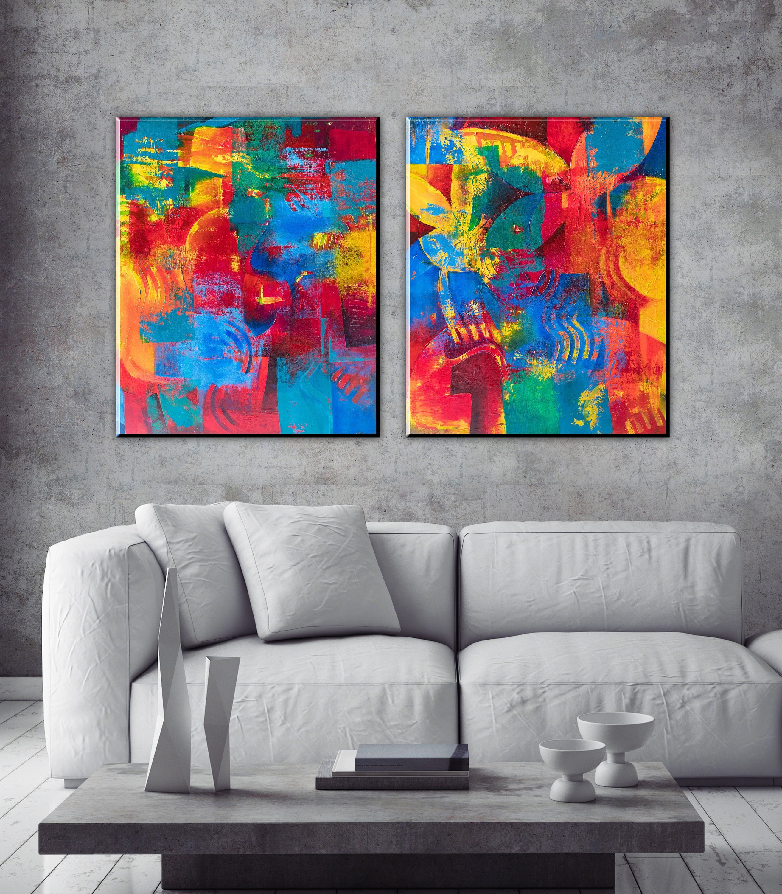 Two Piece Set Abstract Art, Modern Original Home Decor Set, Colourful ...