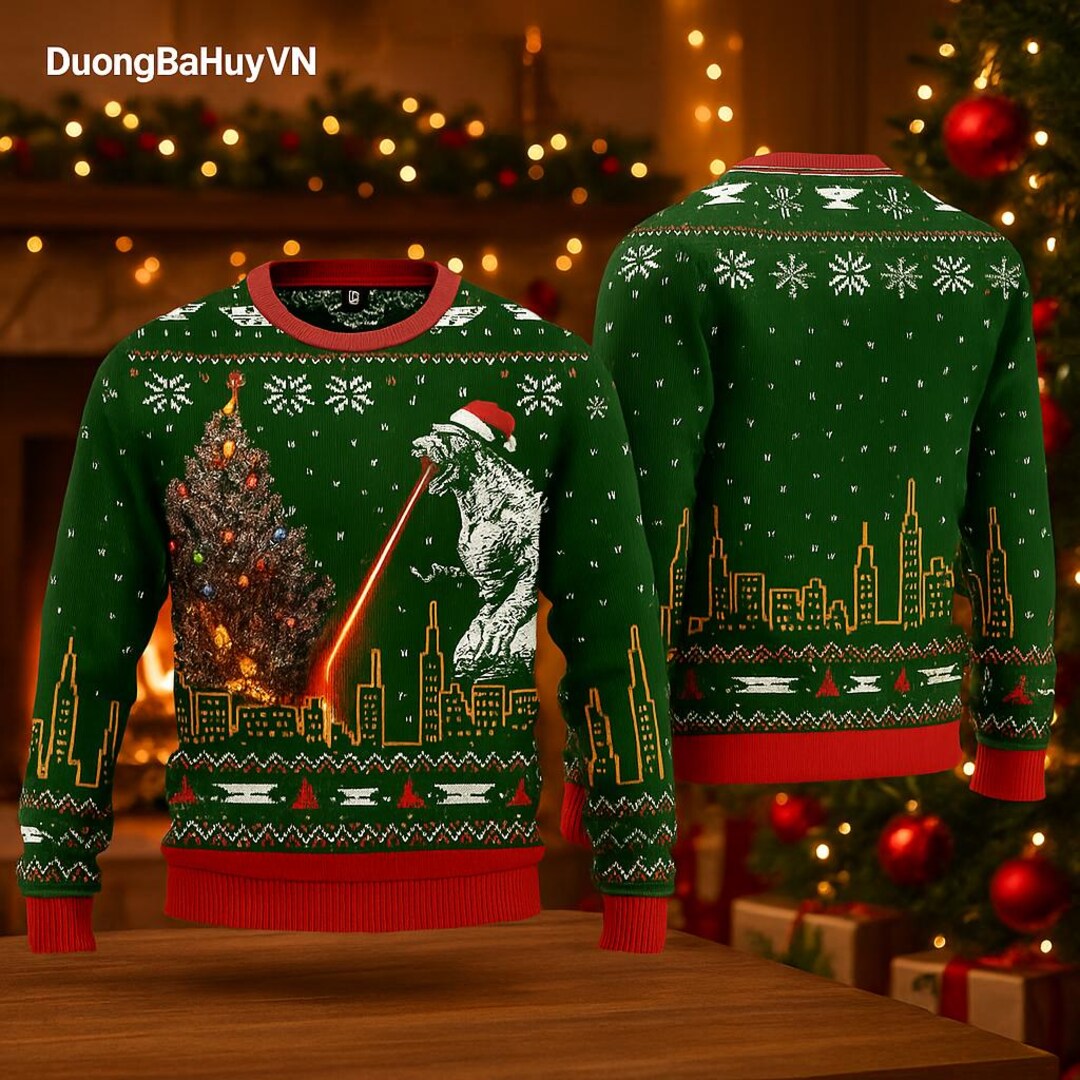 Godzilla Laser Beam Ugly Christmas Sweater, Funny Monster Holiday Pullover, Green Xmas Outfit ...