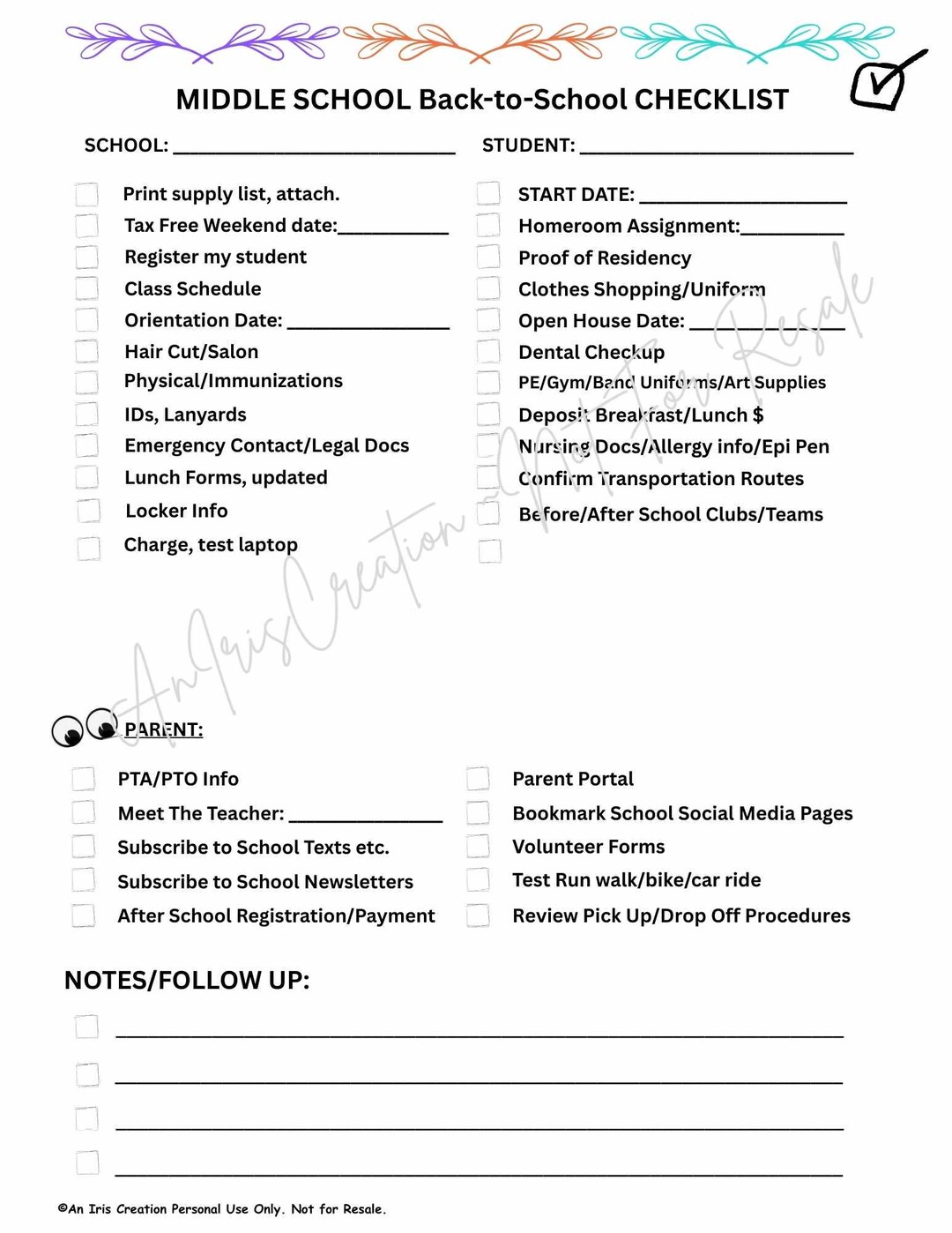 Middle School Checklist: Back to School Prep, Supplies, and Keepsake ...