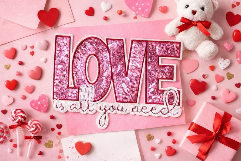 LOVE Sequin Patch, Valentine Patch, Pink Sequin Appliqué, Iron on Patch ...