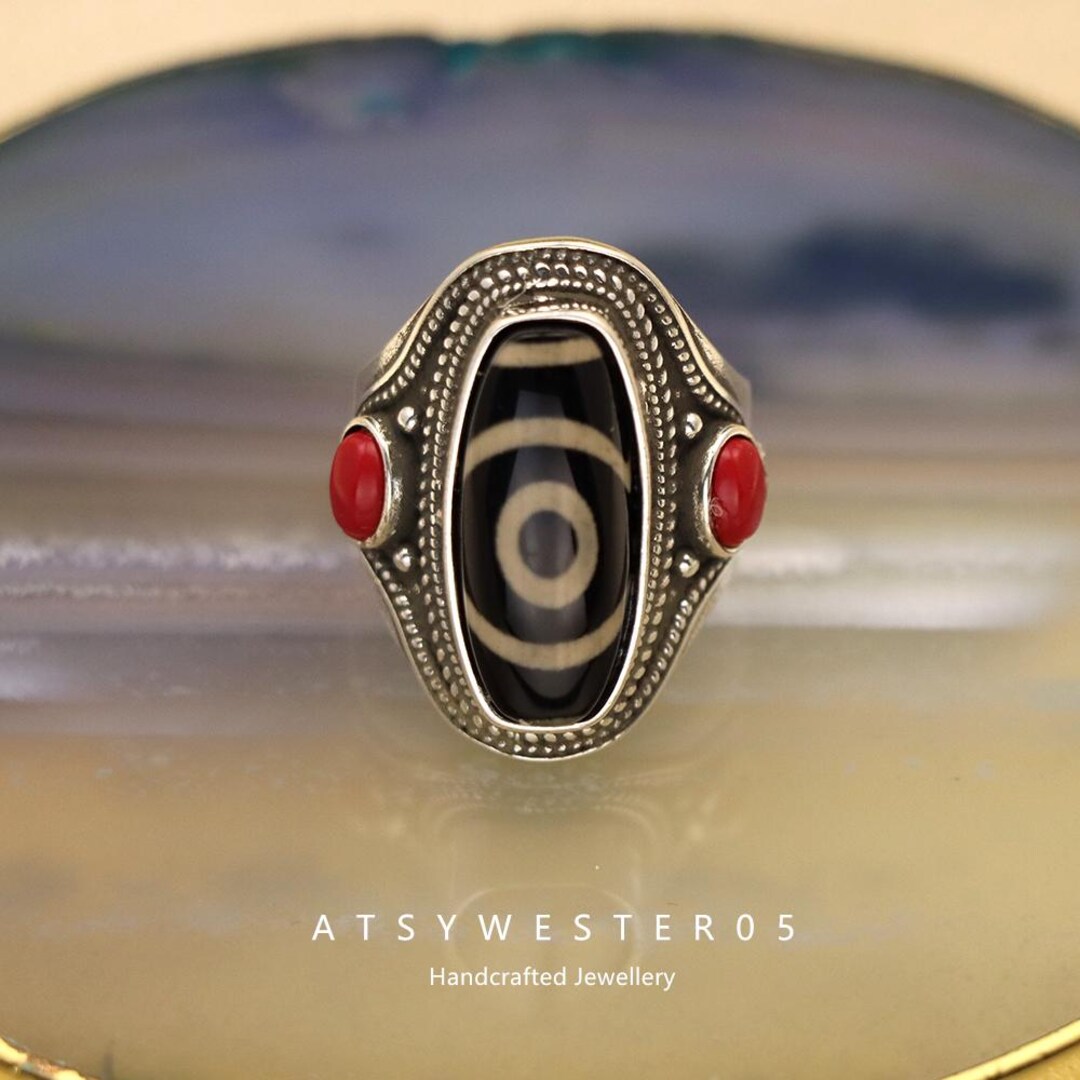 Rare Ethnic Tibetan Dzi Bead Ring, Open Ring, Antique Natural Dzi Bead ...