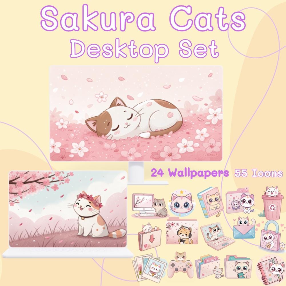 Sakura Cat Desktop Wallpaper & Icon Set: Kawaii Pink Cherry Blossom ...