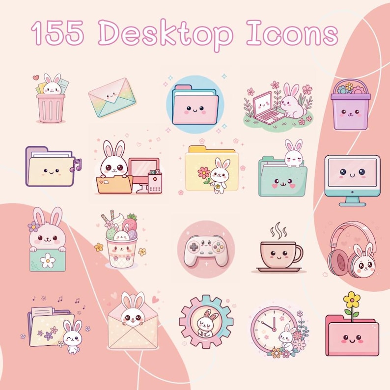 Kawaii Bunny Desktop Icons: Pastel Floral Rabbits (digital Download) - Etsy