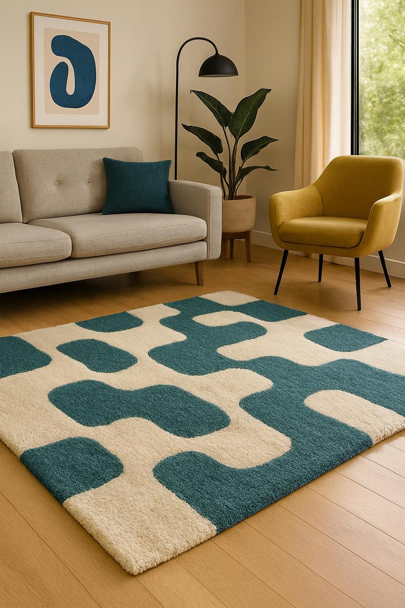Teal & Cream Abstract Wool Rug – Modern Handmade Warm Carpet for ...
