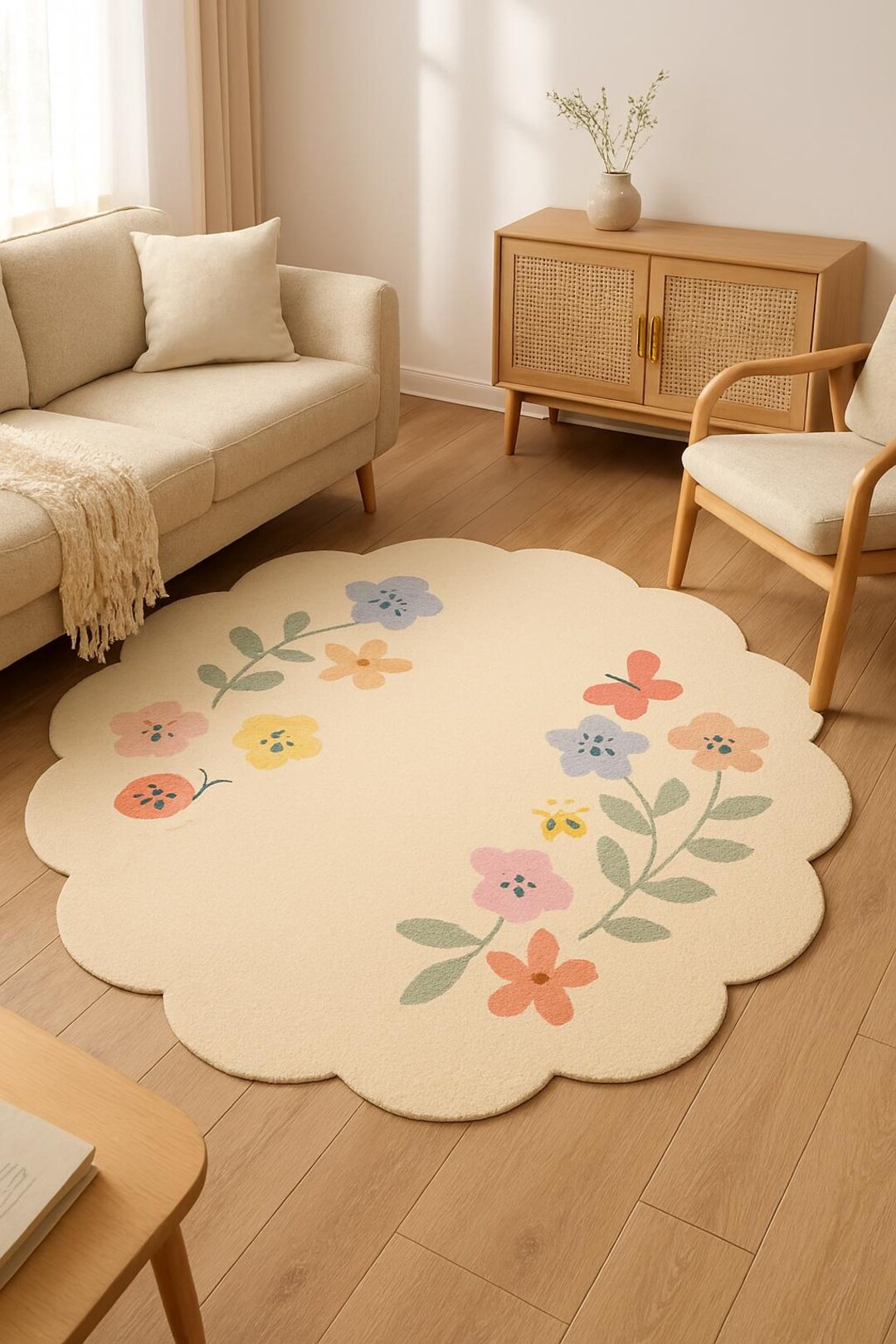 Hand-tufted Wool Rug With Butterfly & Blooms – Soft Cream Round Carpet ...