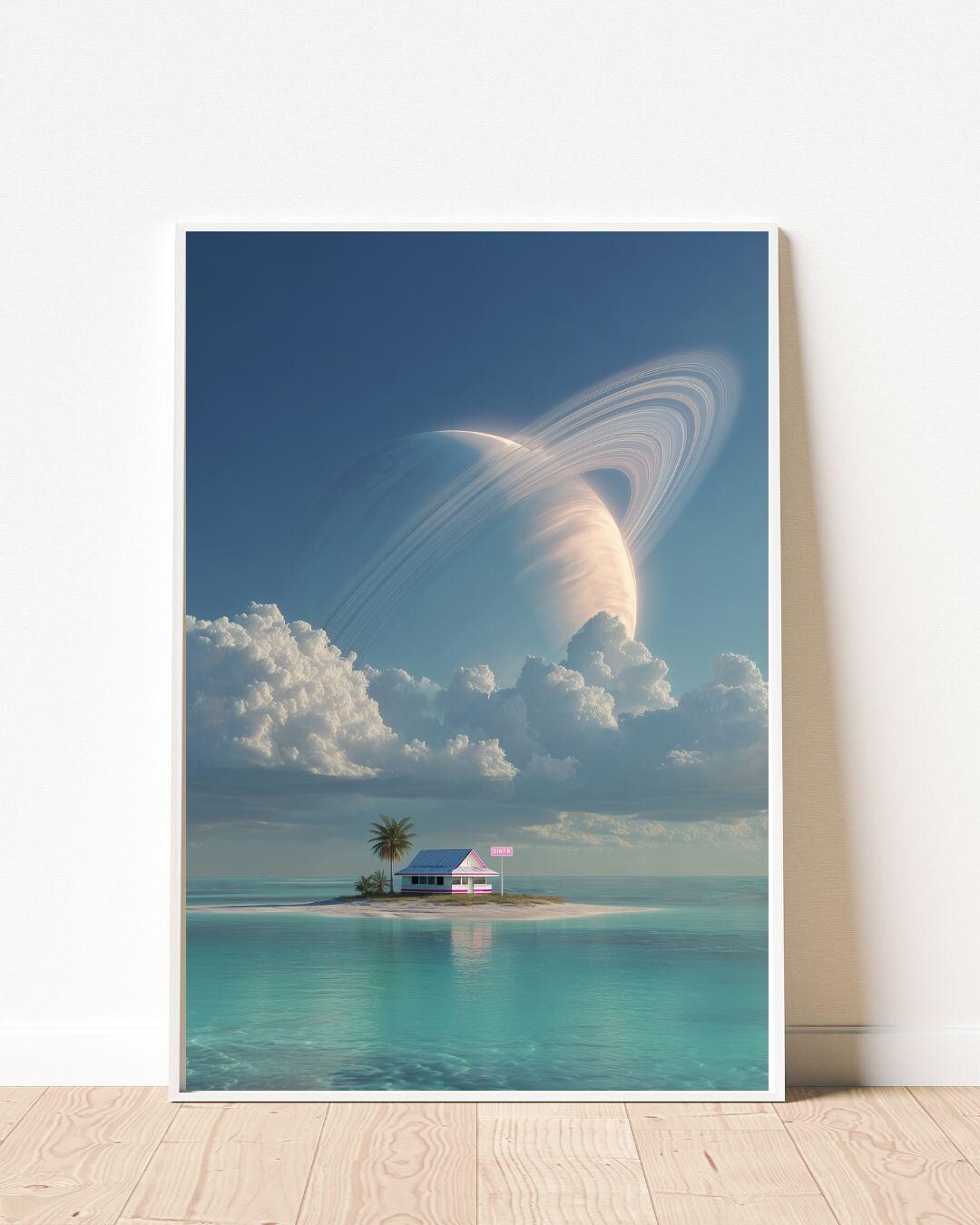 Saturn Island Print, Dreamcore Diner Poster, Surreal Beach Wall Art ...