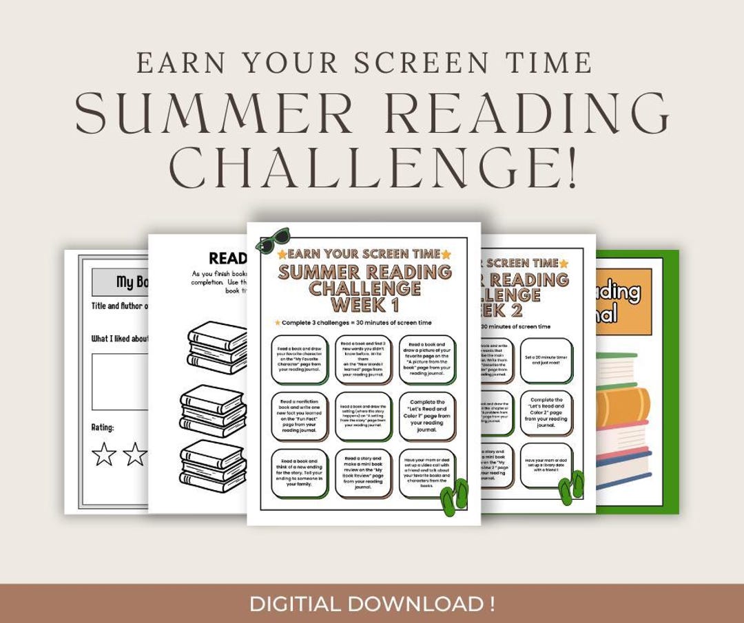 Summer Reading Challenge Printable for Kids, Earn Screen Time Book Log ...