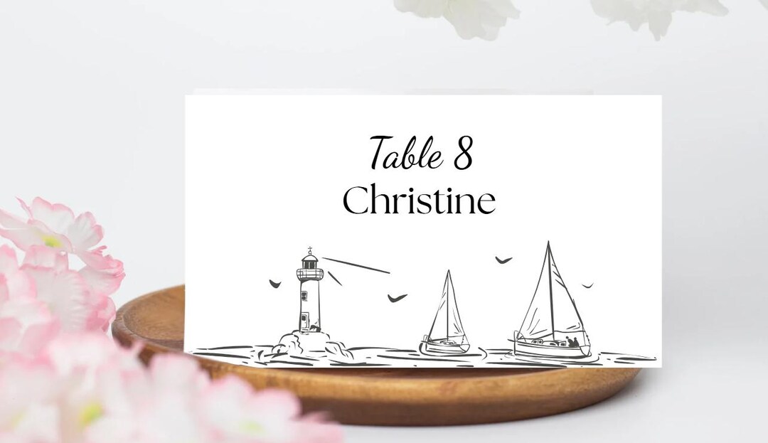 Boat Wedding Template Name Card Coastal Paper Art Line Art Minimalistic ...