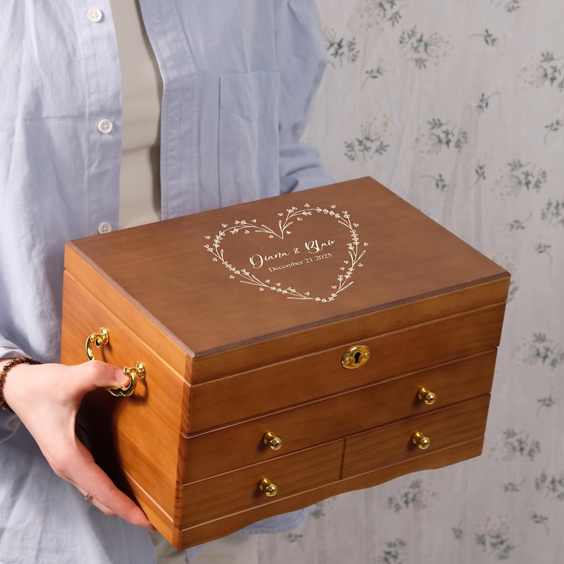 Personalized Wooden Jewelry Box, Engraved Floral Name Jewelry Organizer ...