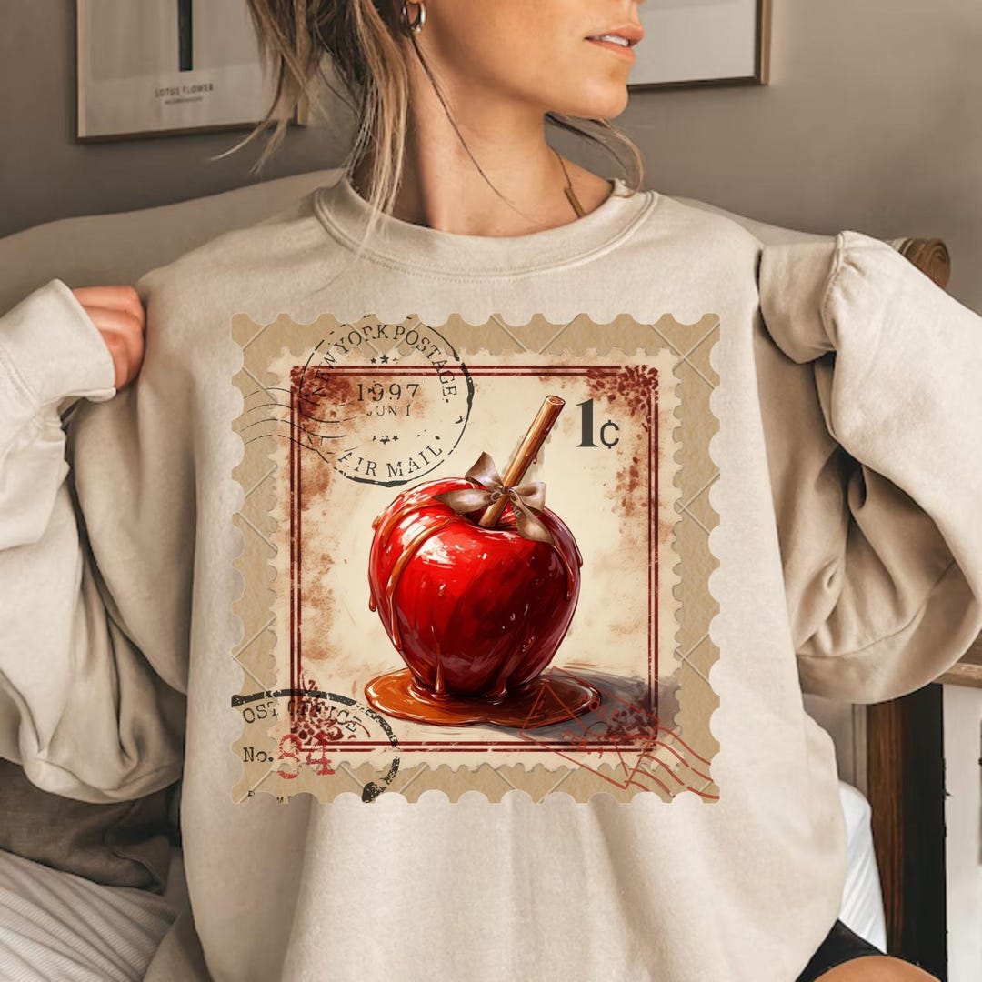Buy Vintage Candy Apple Postage Stamp PNG: Retro Autumn Wall Art ...