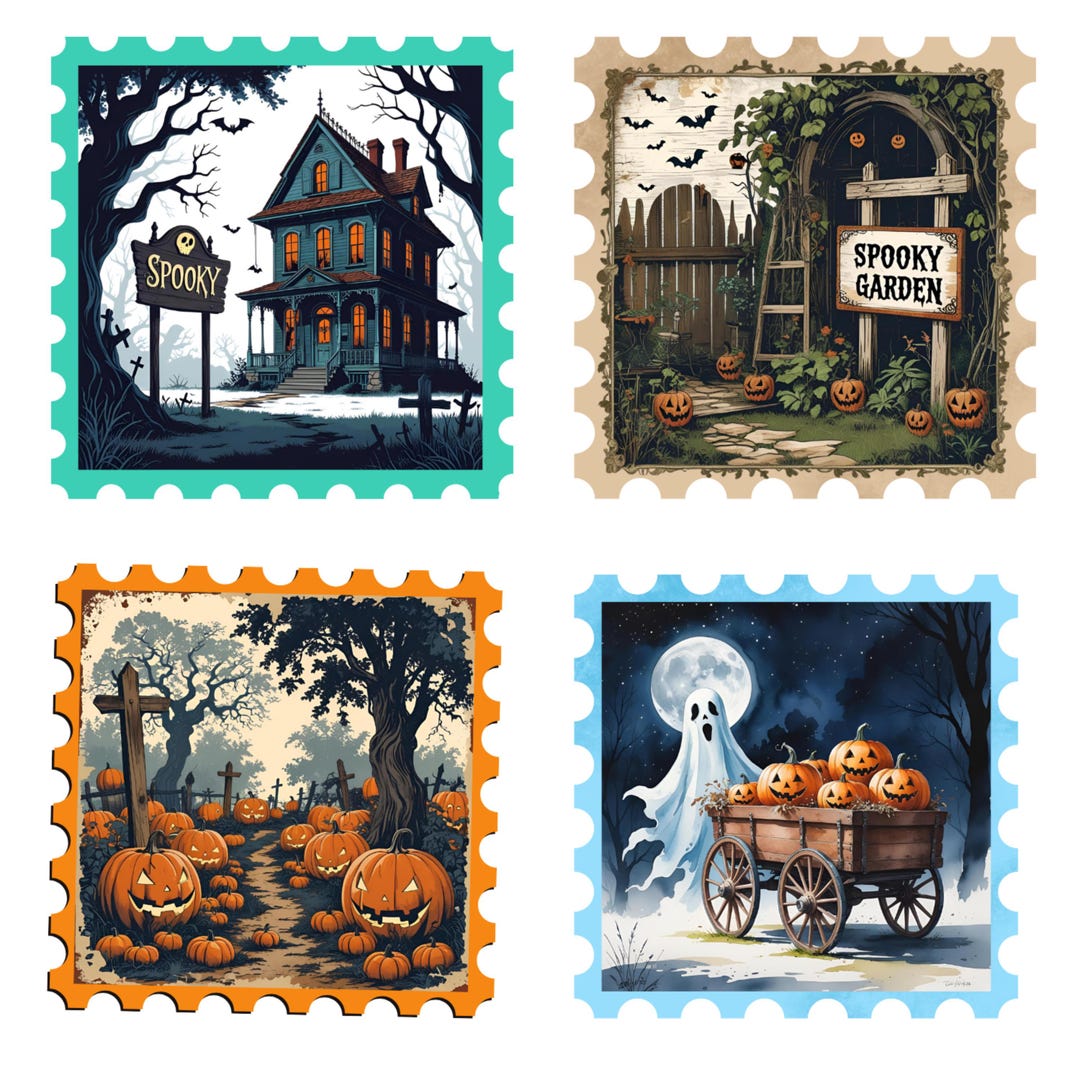 Spooky, Halloween Postage Stamps, PNG 300dpi, Transp. BG. Instant ...