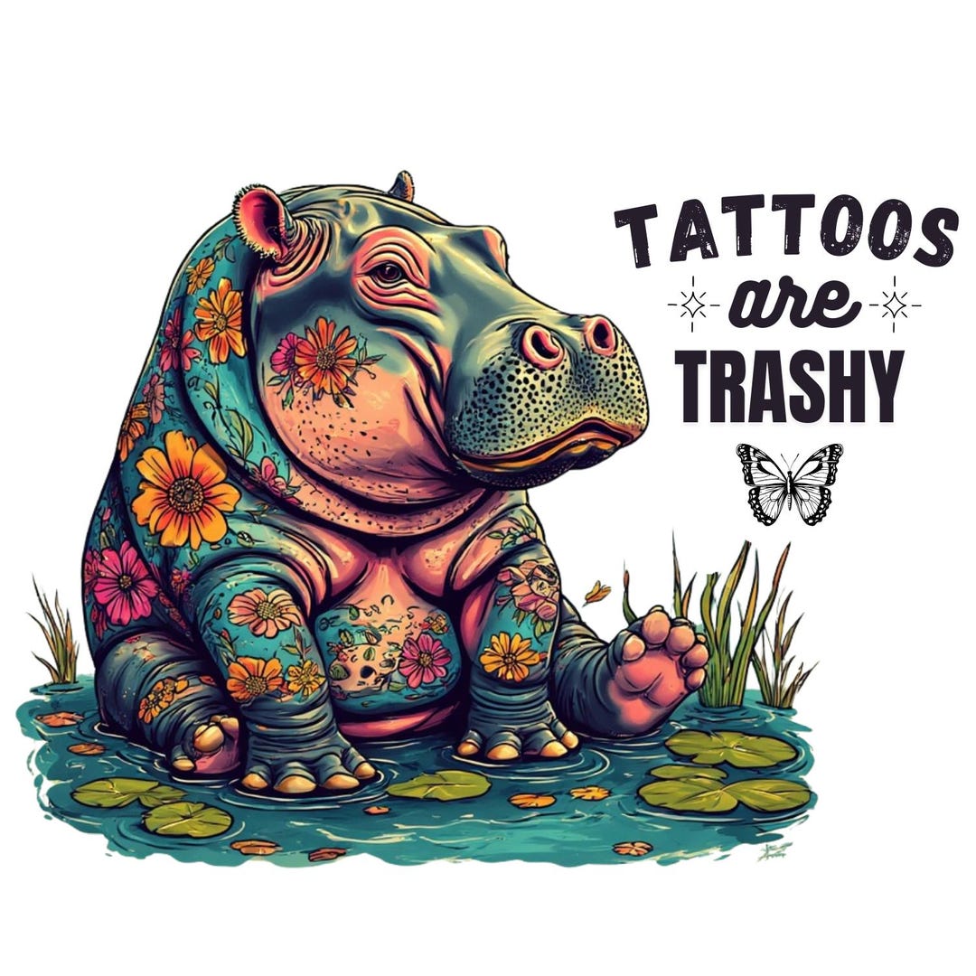 Colorful Hippo With Tattoos in Pond -PNG, 300 Dpi, Transp. Bg. TATTOOS ...