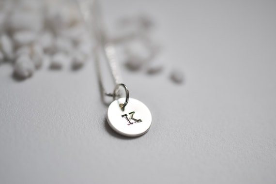 Stamped Letter K Necklace Silver Disc Monogram Necklace Etsy