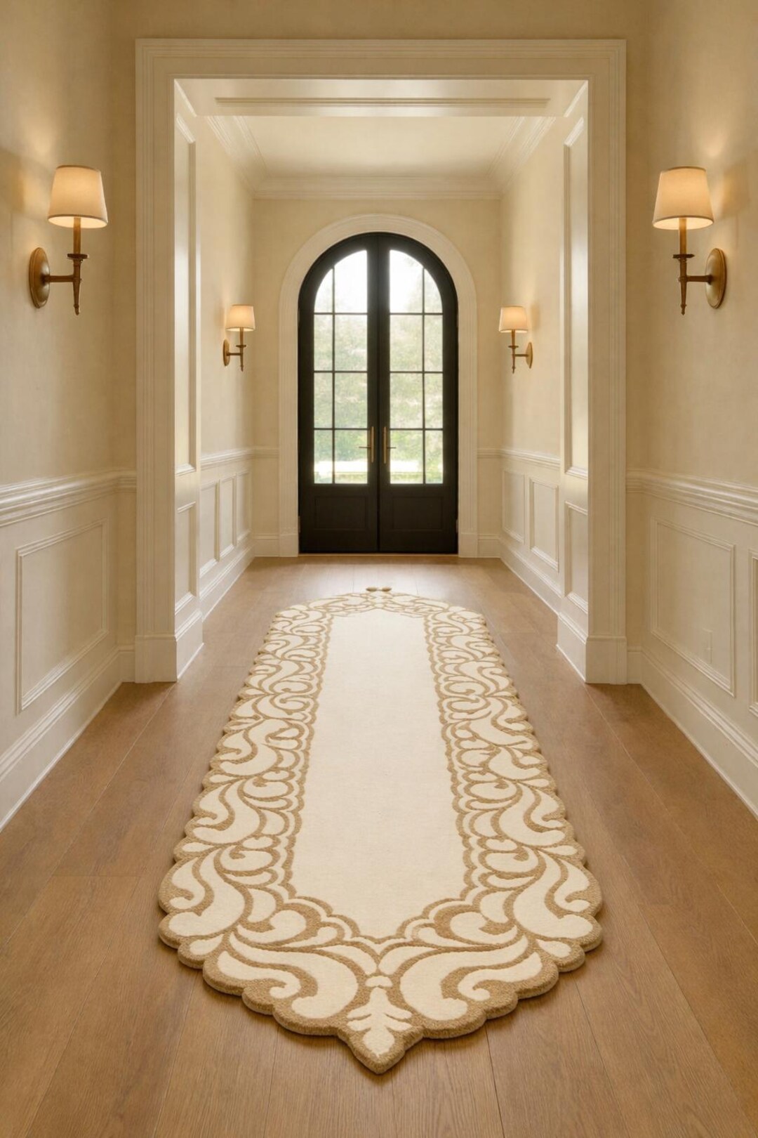 Luxury Beige Gold Baroque Border Hallway Runner Rug Custom Cut ...
